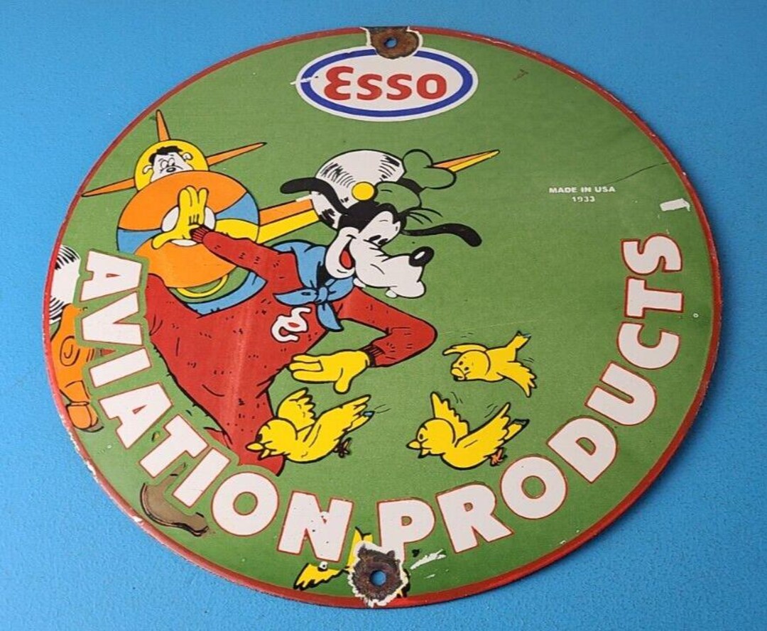 Vintage Esso Gasoline Sign - Goofy Aviation Service Station Porcelain ...