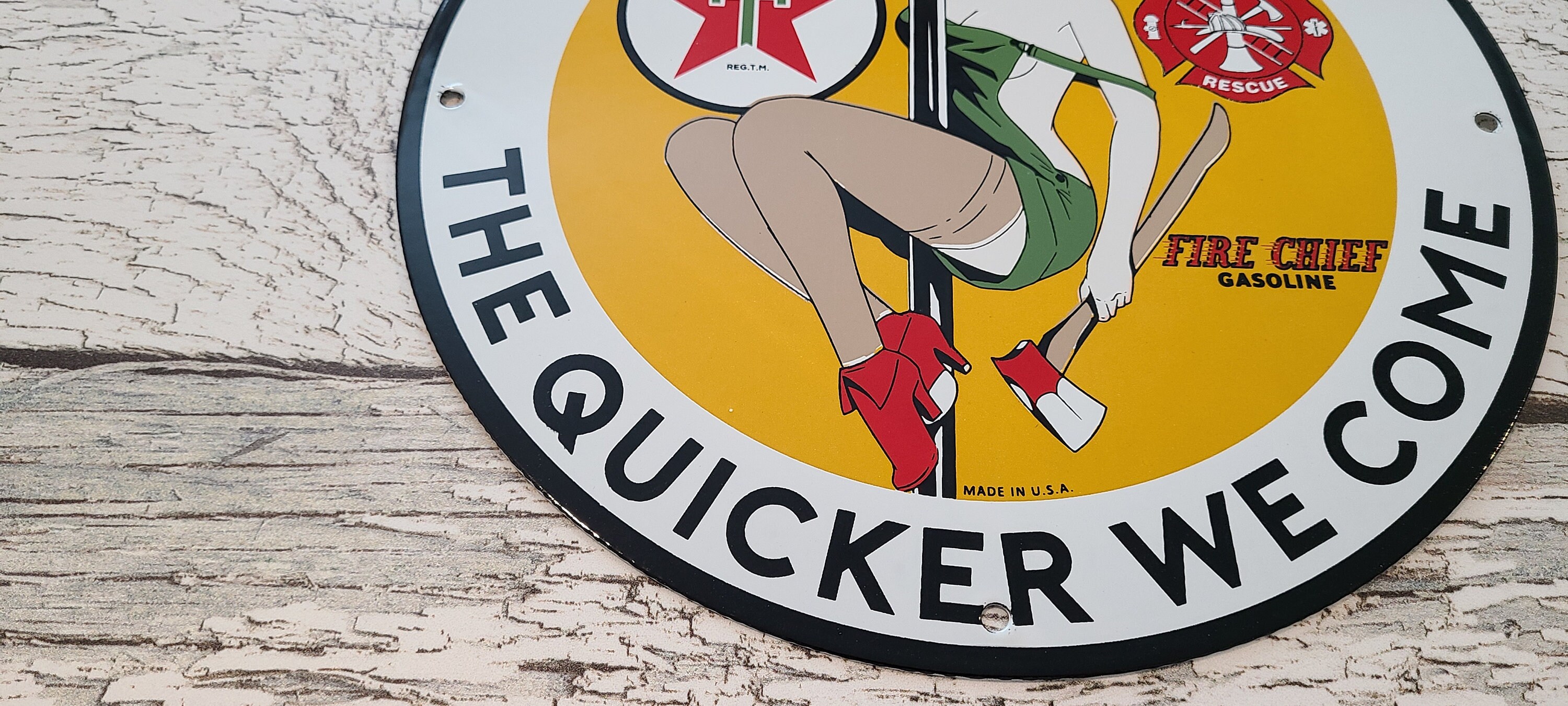 Vintage Texaco Gasoline Porcelain Pin up Girl Fire Chief Gas Service ...