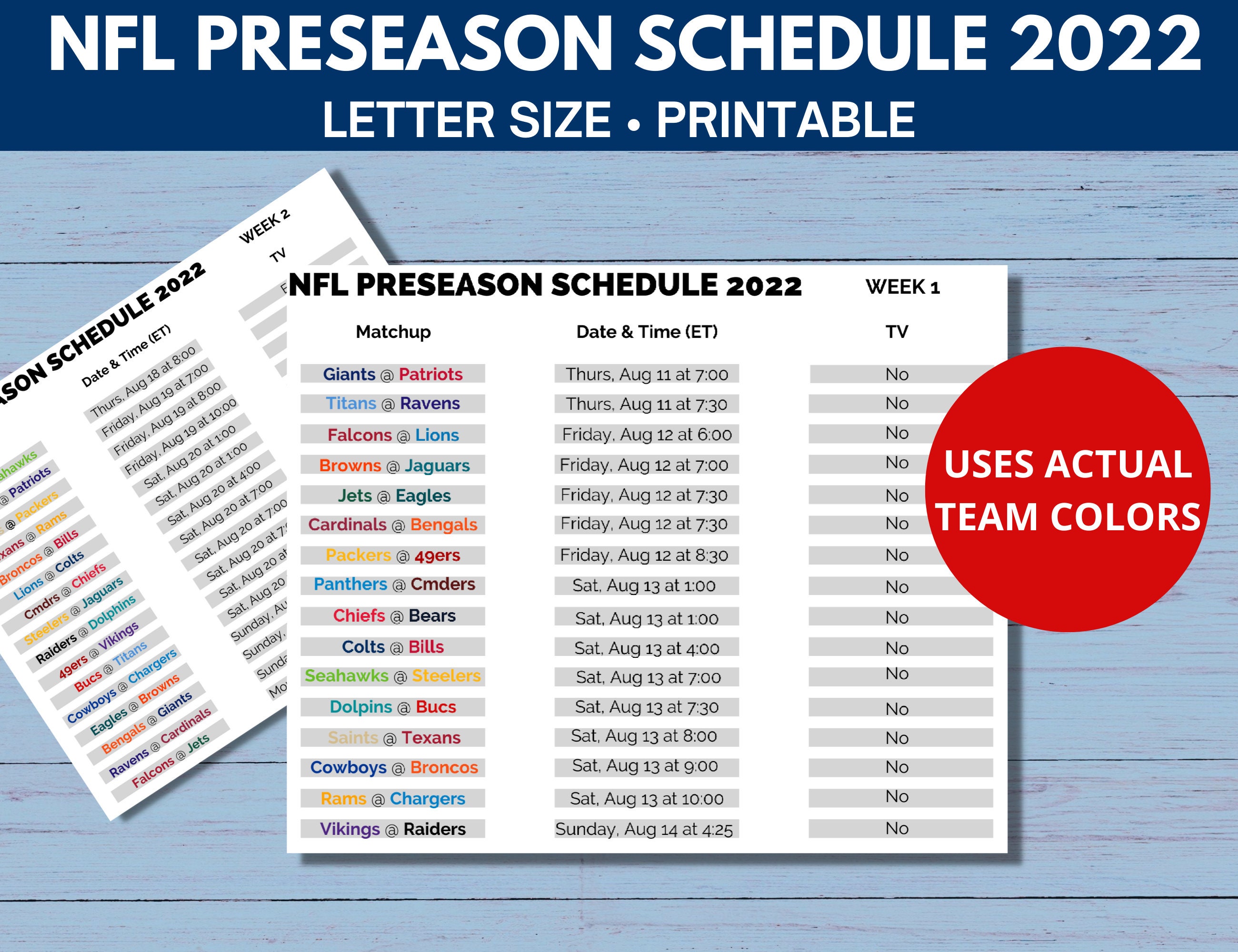 NFL Preseason Schedule 2022 Printable Etsy Schweiz