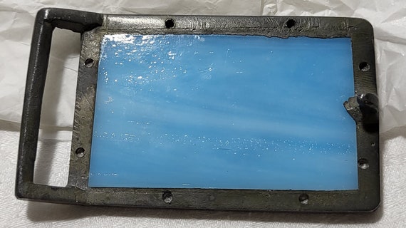 Vintage Slag Glass Belt Buckle Pewter flowers Blue Tr… - Gem