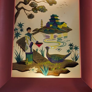 Vintage MCM Lighted Shadow Box Asian Scene, Red Metal Frame, 3 Way ...