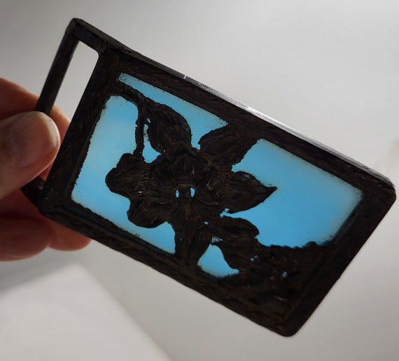 Vintage Slag Glass Belt Buckle Pewter flowers Blue Tr… - Gem