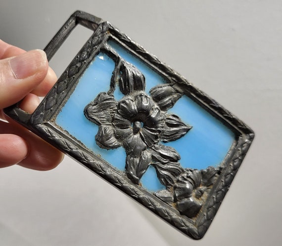 Vintage Slag Glass Belt Buckle Pewter flowers Blue Tr… - Gem