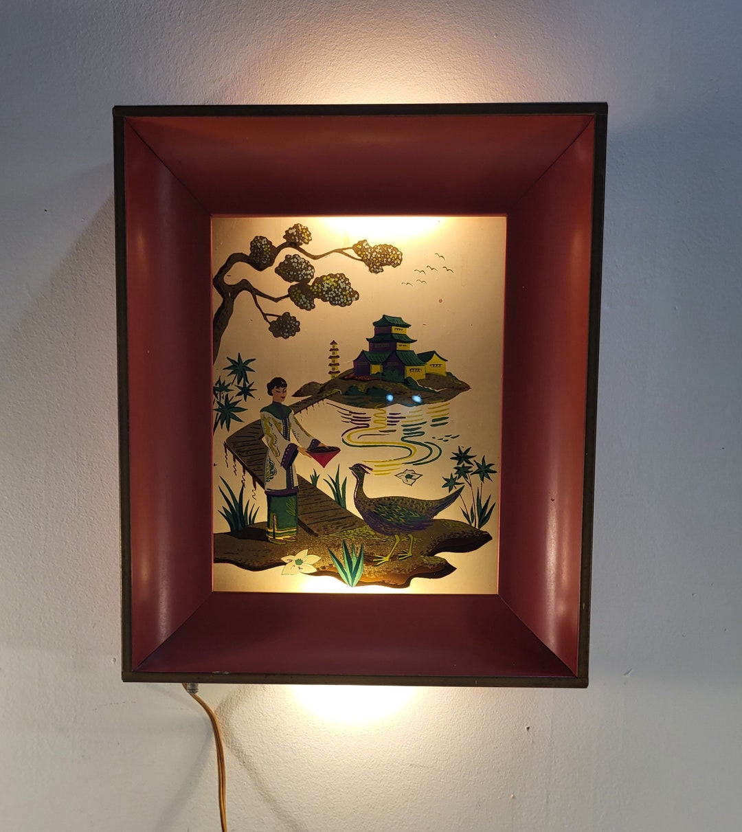 Vintage MCM Lighted Shadow Box Asian Scene, Red Metal Frame, 3 Way ...