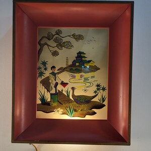 Vintage MCM Lighted Shadow Box Asian Scene, Red Metal Frame, 3 Way ...