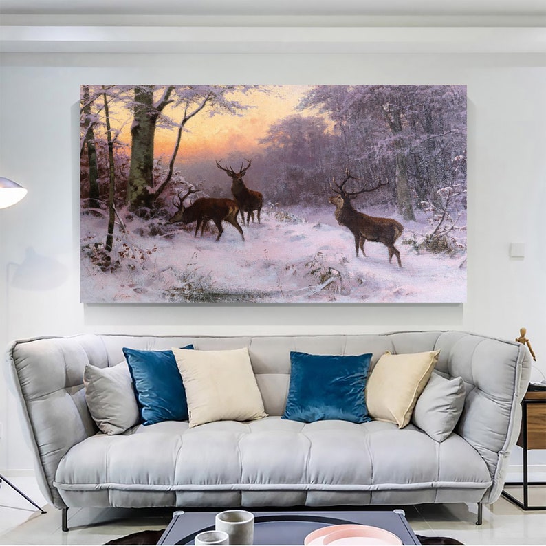 Winter Landscape Canvas: Deer in Snow, Vintage Art Print - Etsy