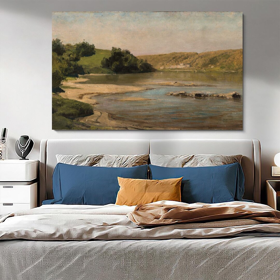 River Landscape Wall Art, Vintage Nature Canvas, Farmhouse Print ...