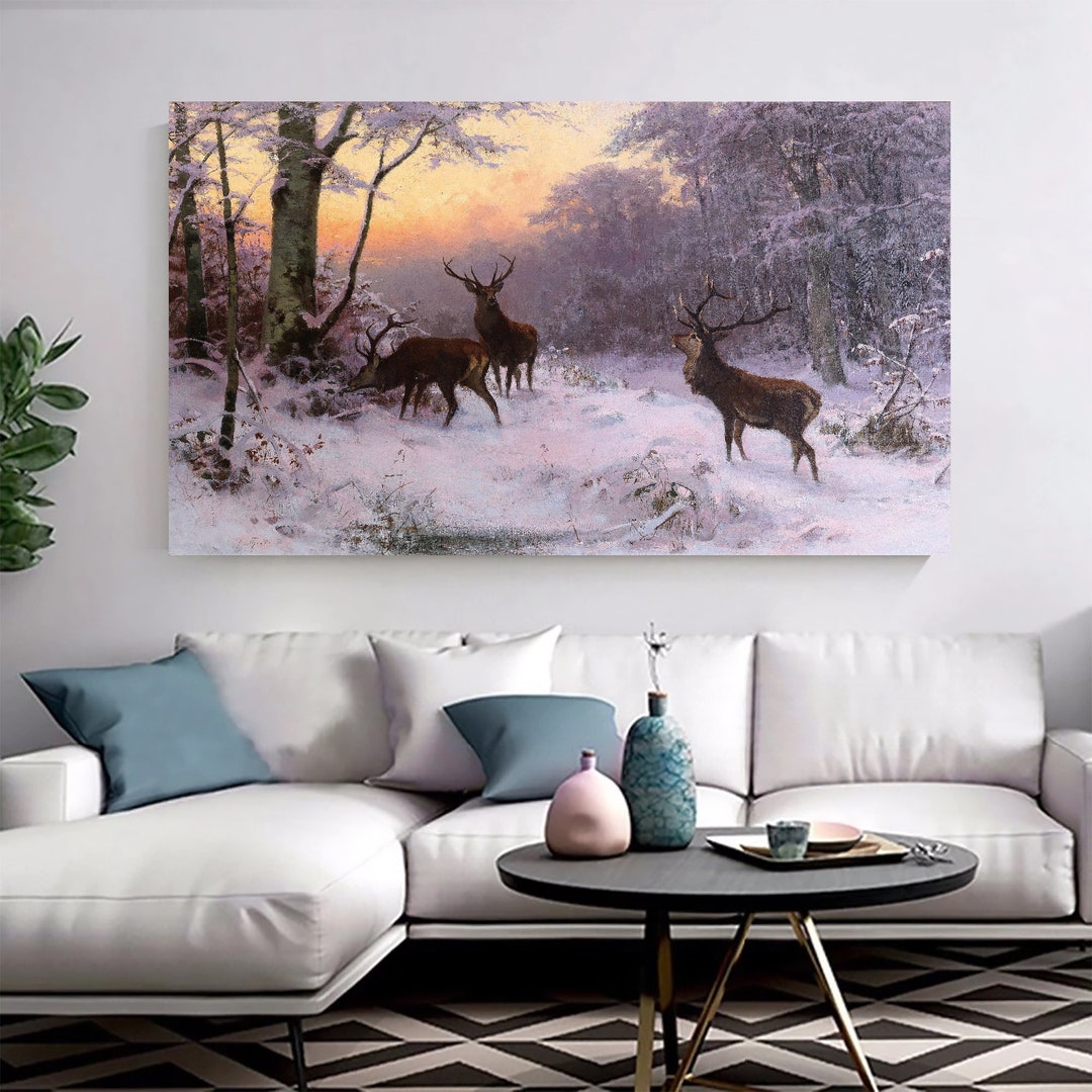 Winter Landscape Canvas: Deer in Snow, Vintage Art Print - Etsy