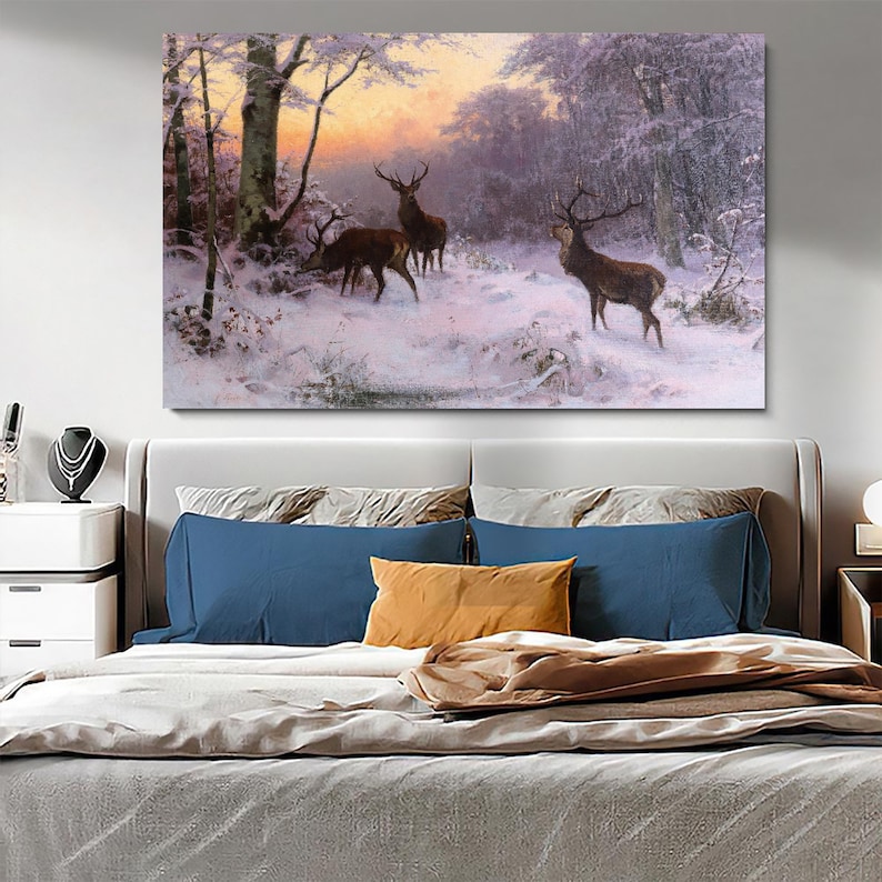 Winter Landscape Canvas: Deer in Snow, Vintage Art Print - Etsy