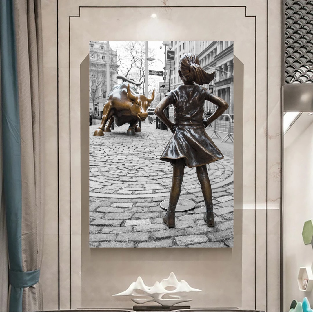 Fearless Girl and Bull Painting, Bull Canvas, Vintage Poster, New York ...