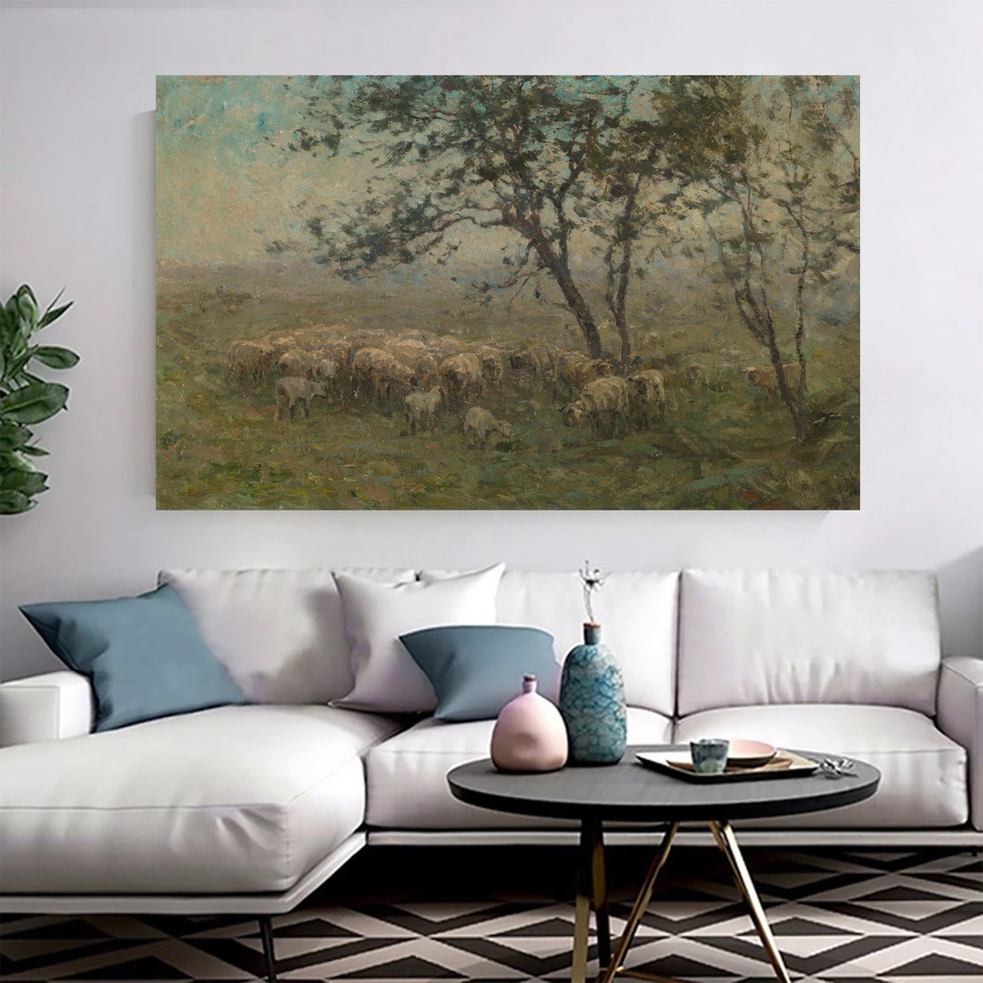 A Flock of Sheep Painting Canvas, Pastoral Scene Print, Rural Landscape ...