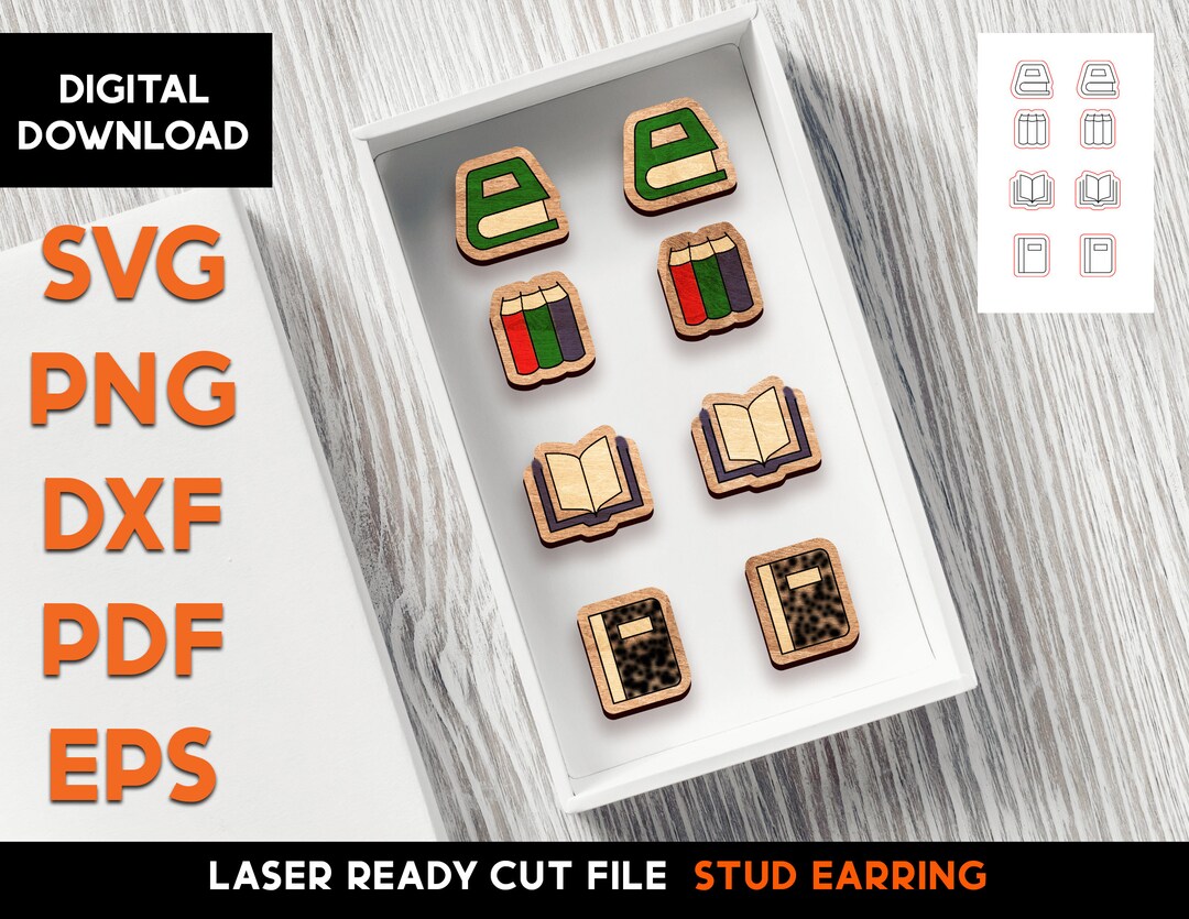 Books Stud Earring Set - Laser Cut SVG File - Glowforge Ready - Jewelry ...