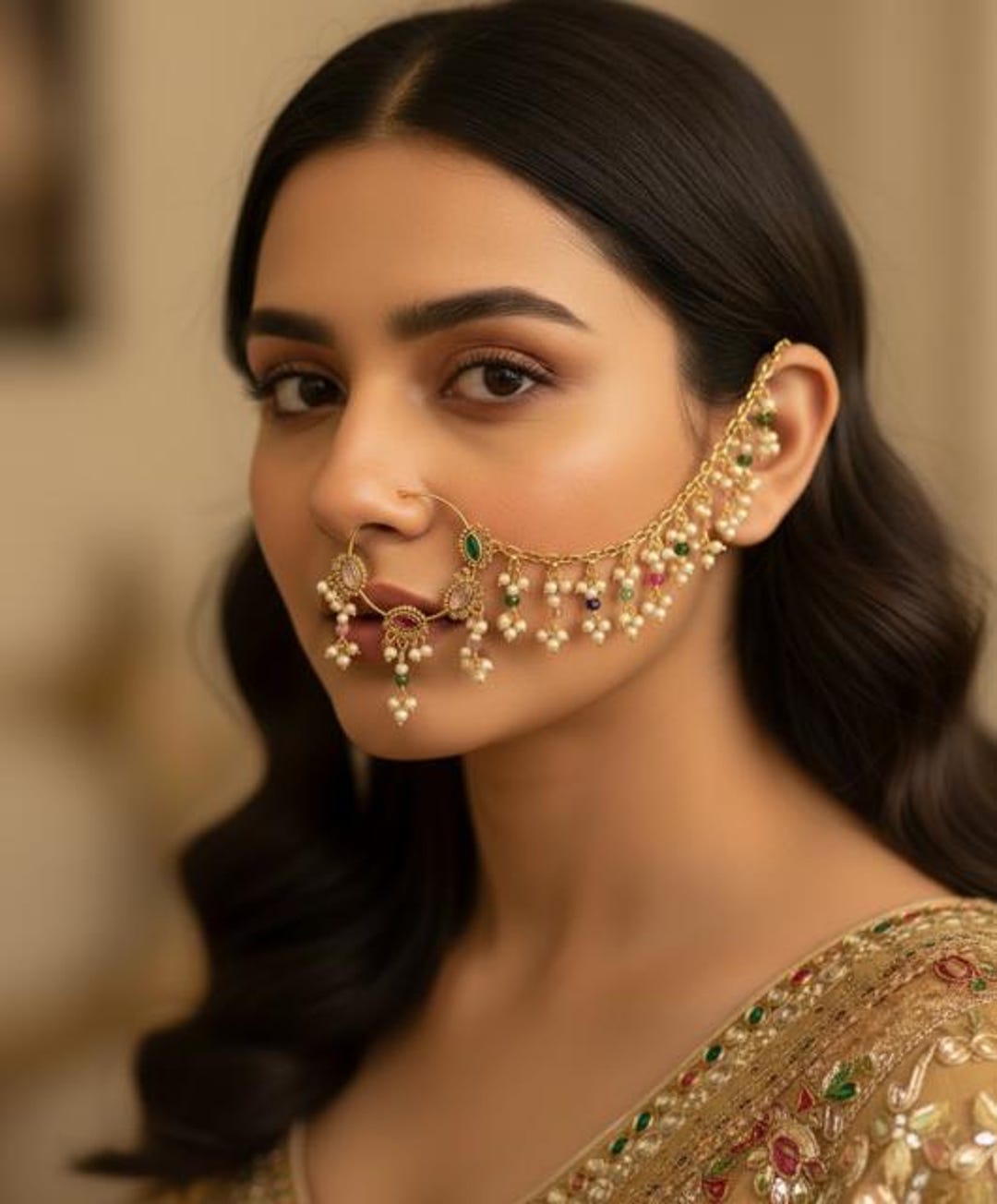 Multicolor Bridal Nath for Pierced Nose | Pakistani Indian Wedding Nose ...