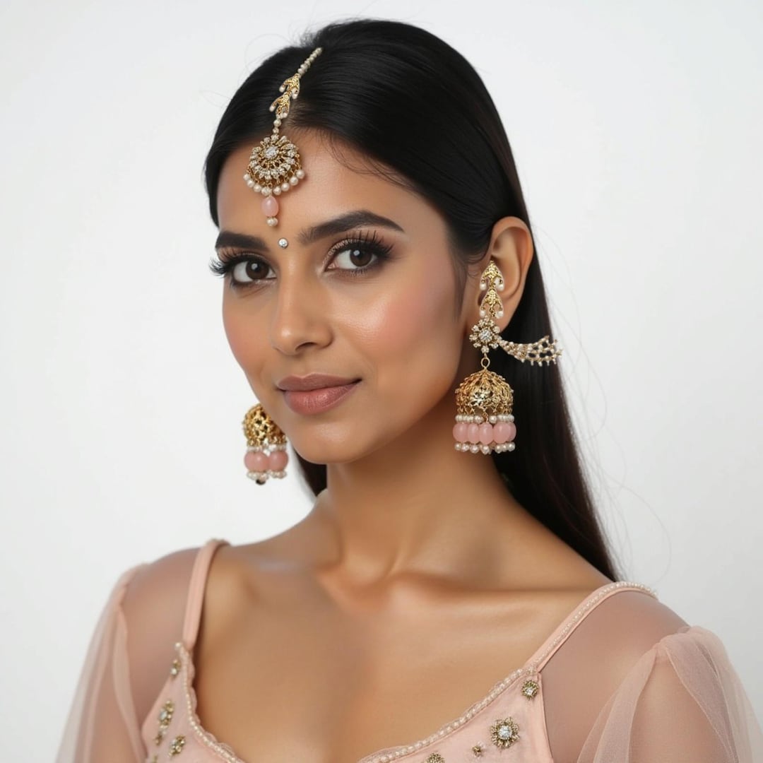 Pink and Gold Jhumka Earrings With Saharey, Kaan Chain & Maang Tikka ...