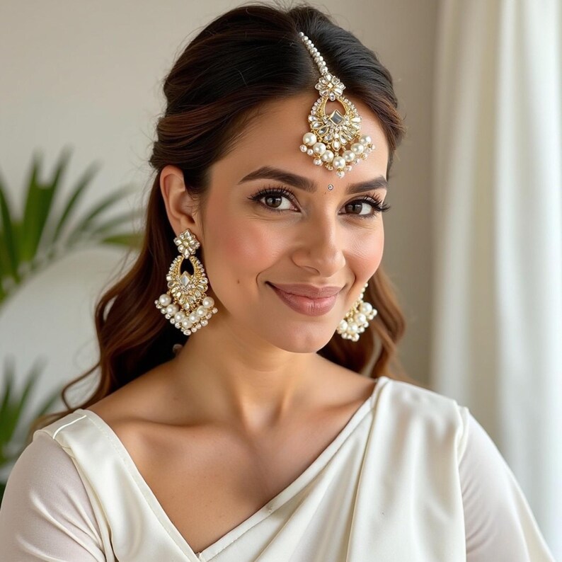 Gold Kundan Maang Tikka and Earrings Set With White Pearls Bridal ...