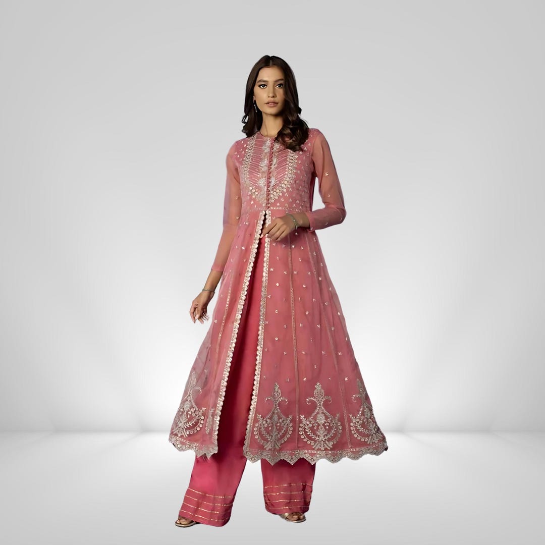 Pink Embroidered Pishwas Dress – Eid Outfit, Pakistani Indian Anarkali ...