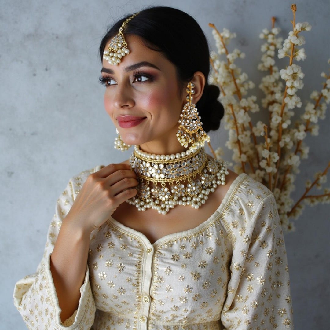 White Kundan Bridal Set – Gold Plated Pakistani Nikah Jewelry – Wedding ...