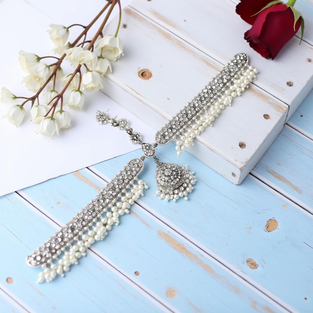 Silver White Beaded Matha Patti Bridal Headpiece – Wedding Jewelry for ...