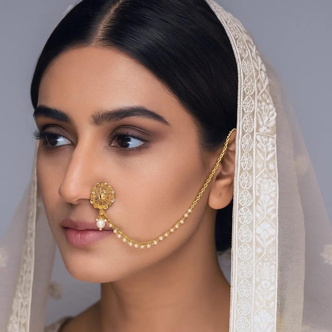 Gold Plated Bridal Nath – Clip on Nose Ring With Chain | Maroon, Green ...