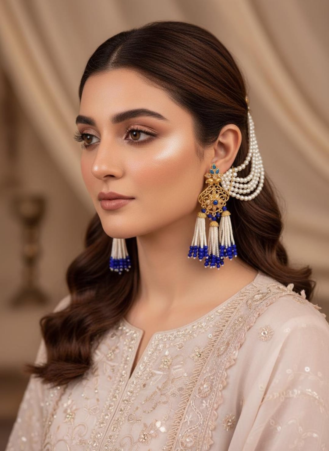 Blue Gold Kundan Earrings Pearl Saharay Ear Chain | Indian Pakistani ...