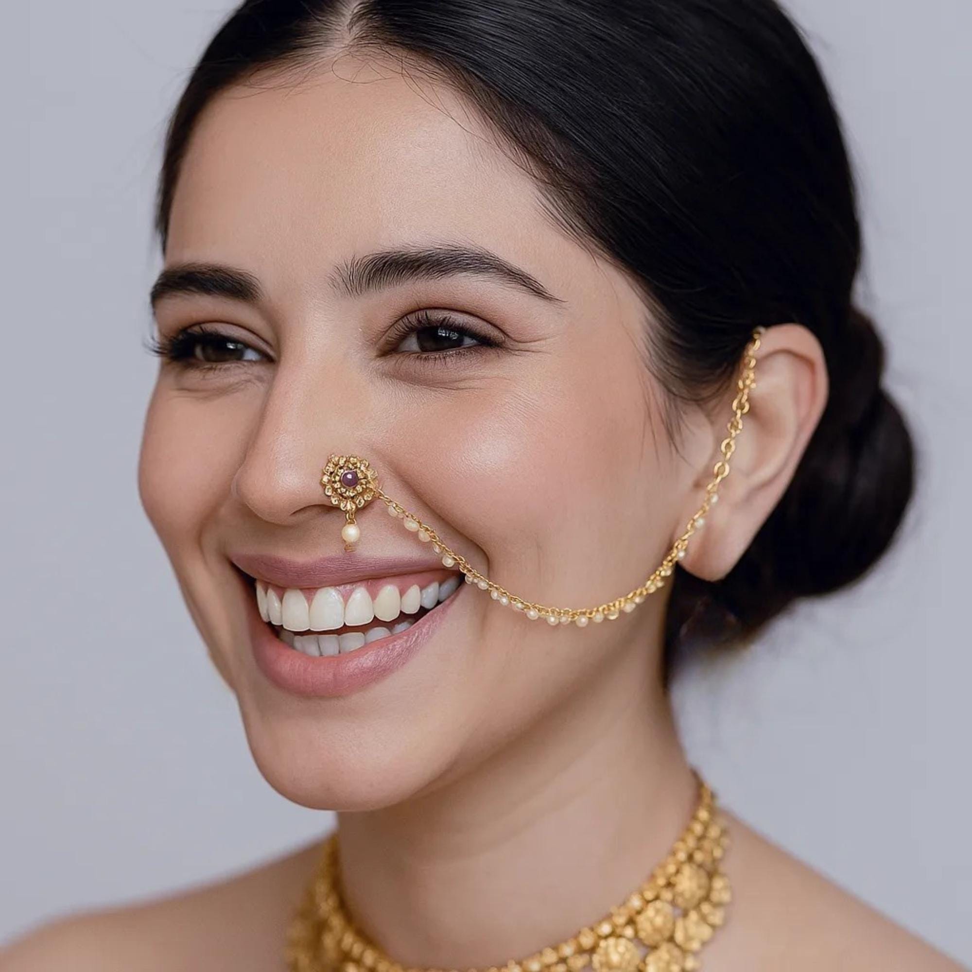 Gold Plated Bridal Nath – Clip on Nose Ring With Chain | Maroon, Green ...