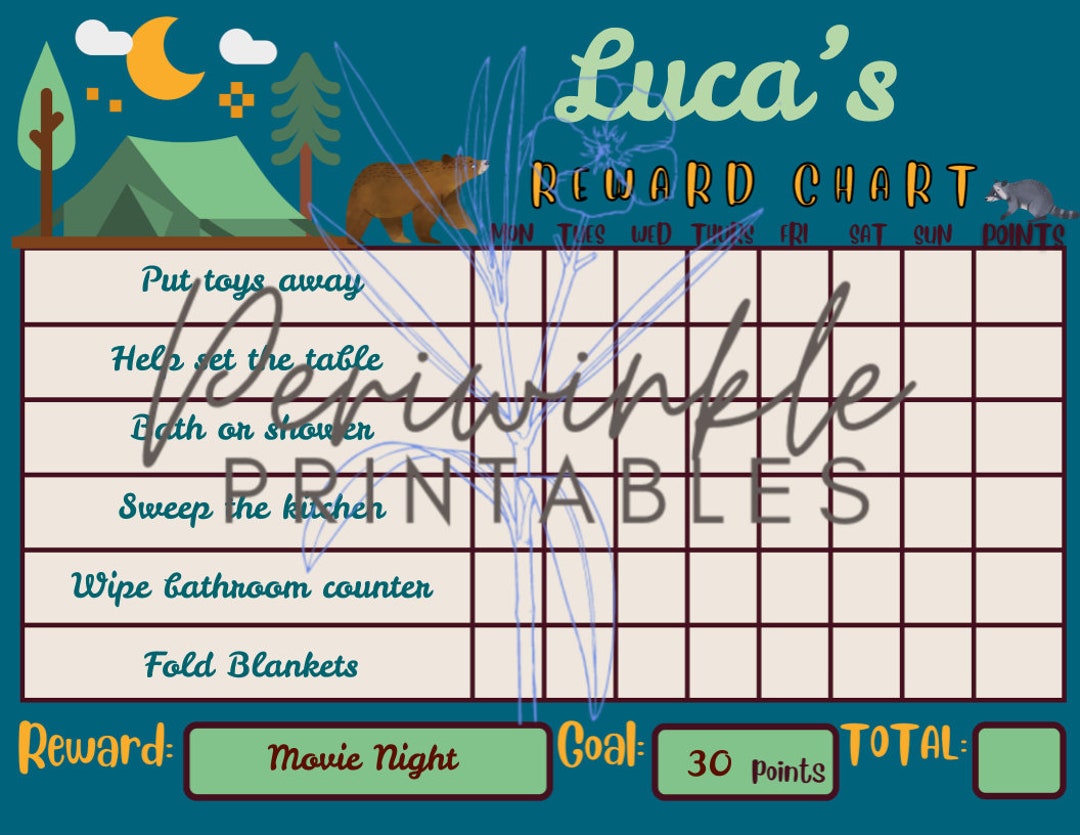 PRINTABLE: Camping Responsibility Chart, Forest Chore Chart, Kid's ...