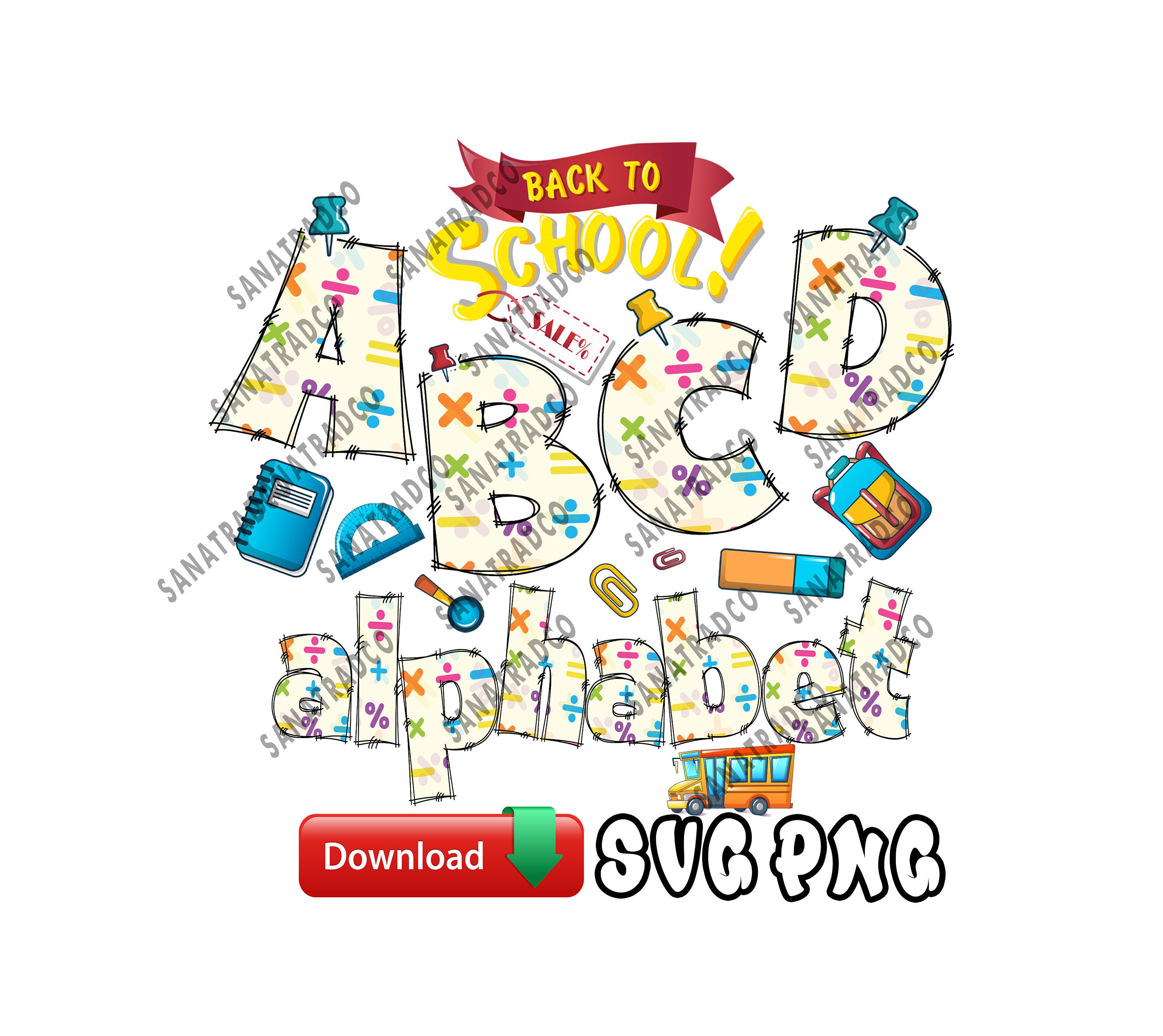 School Doodle Alphabet Bundle, School PNG SVG Letters, Numbers ...