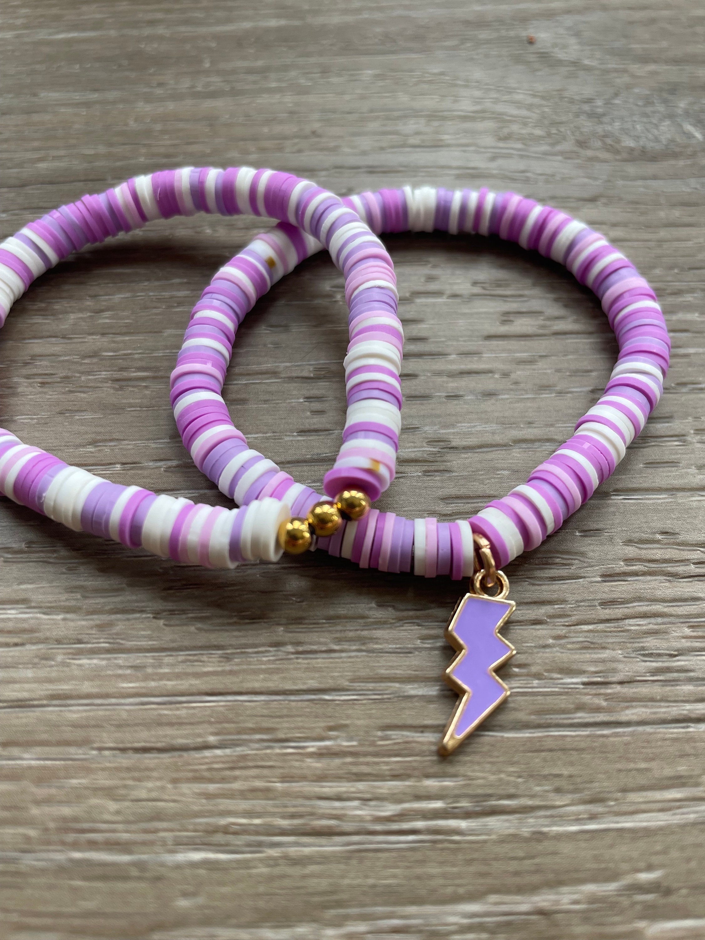 Set of 2 - Clay Bead Brackets - Purple & Gold Lightning Bolt Bracelets ...