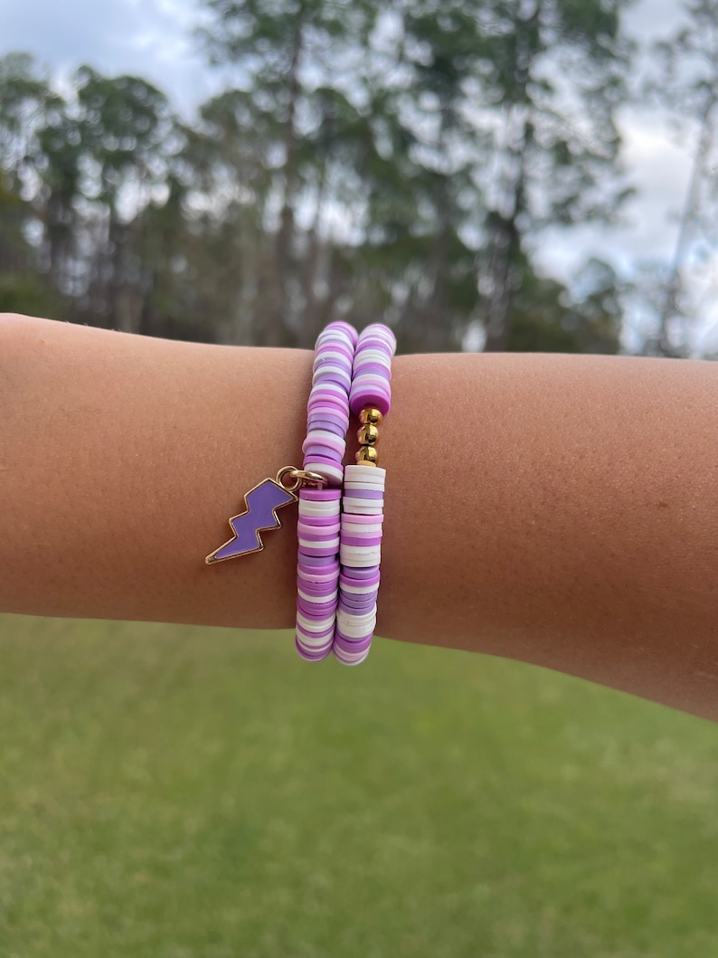 Set of 2 - Clay Bead Brackets - Purple & Gold Lightning Bolt Bracelets ...