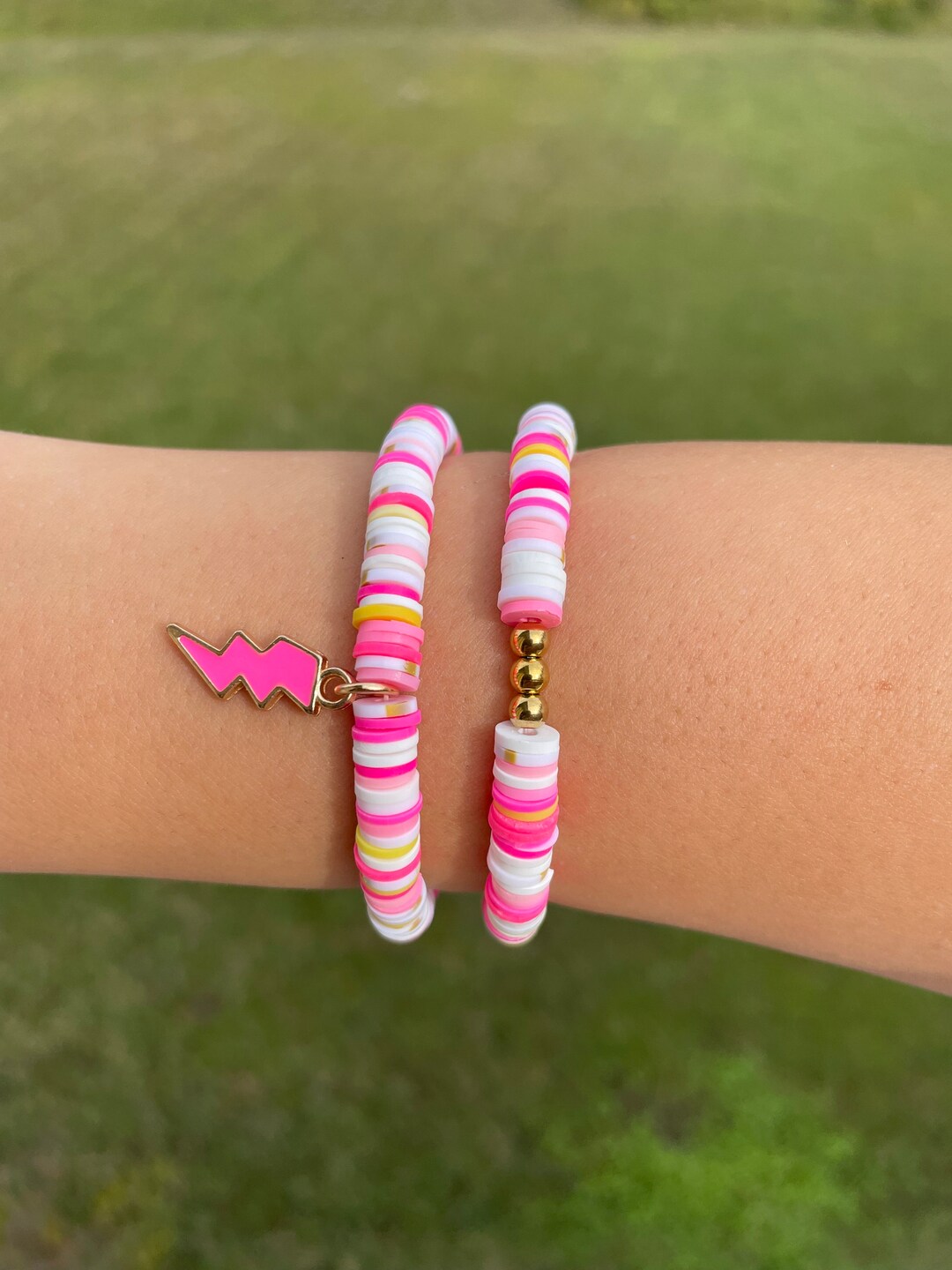 Set of 2 - Clay Bead Brackets - Neon Pink & Gold Lightning Bolt ...