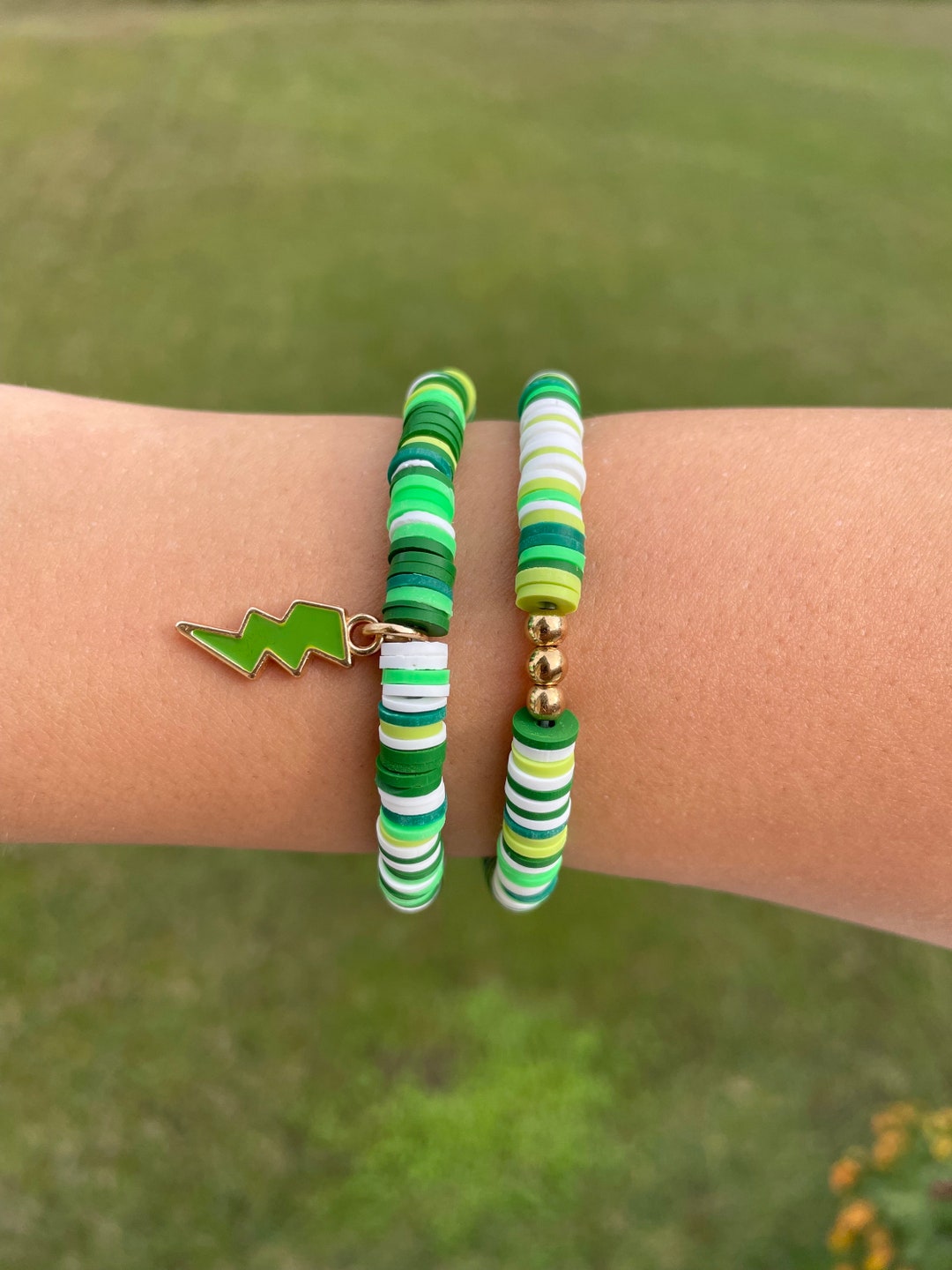 Set of 2 - Clay Bead Brackets - Green & Gold Lightning Bolt Bracelets ...