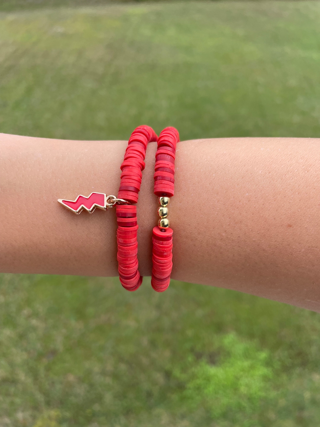 Set of 2 - Clay Bead Brackets - Red & Gold Lightning Bolt Bracelets ...