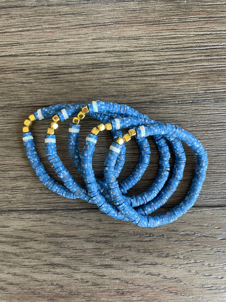 1 Clay Bead Bracelet- Speckled Navy & White - Gold Accent Beads ...