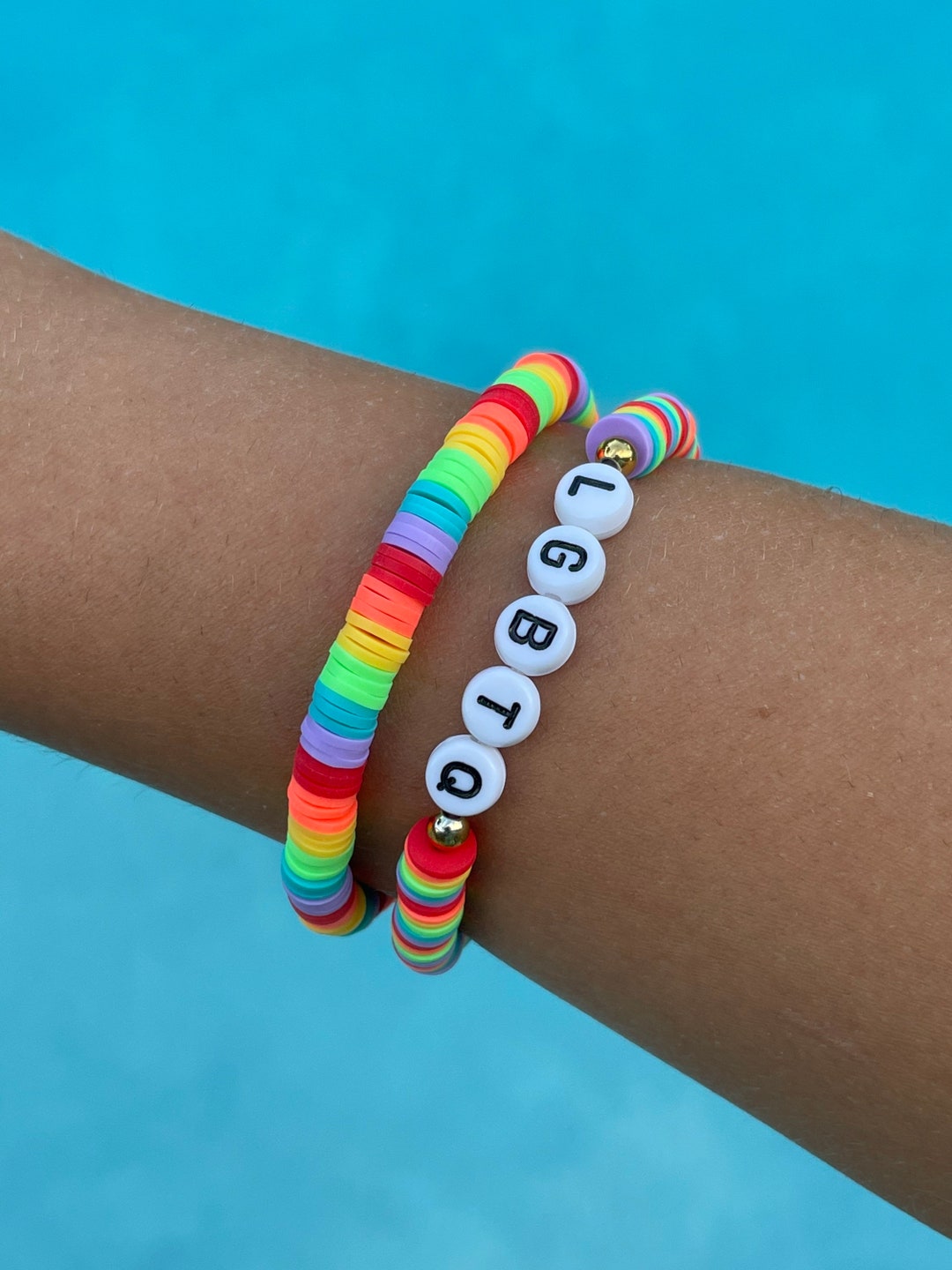 LGBTQ Rainbow Pride Bracelets - Set of 2 Clay Beads - Bright Colored ...