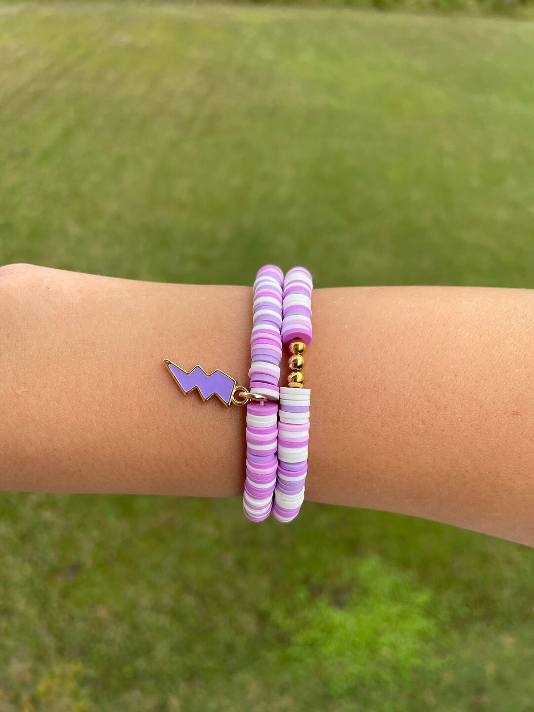 Set of 2 - Clay Bead Brackets - Purple & Gold Lightning Bolt Bracelets ...