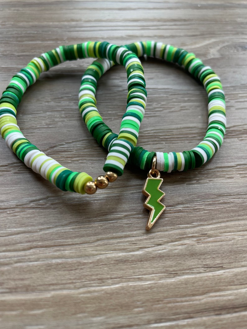 Set of 2 - Clay Bead Brackets - Green & Gold Lightning Bolt Bracelets ...
