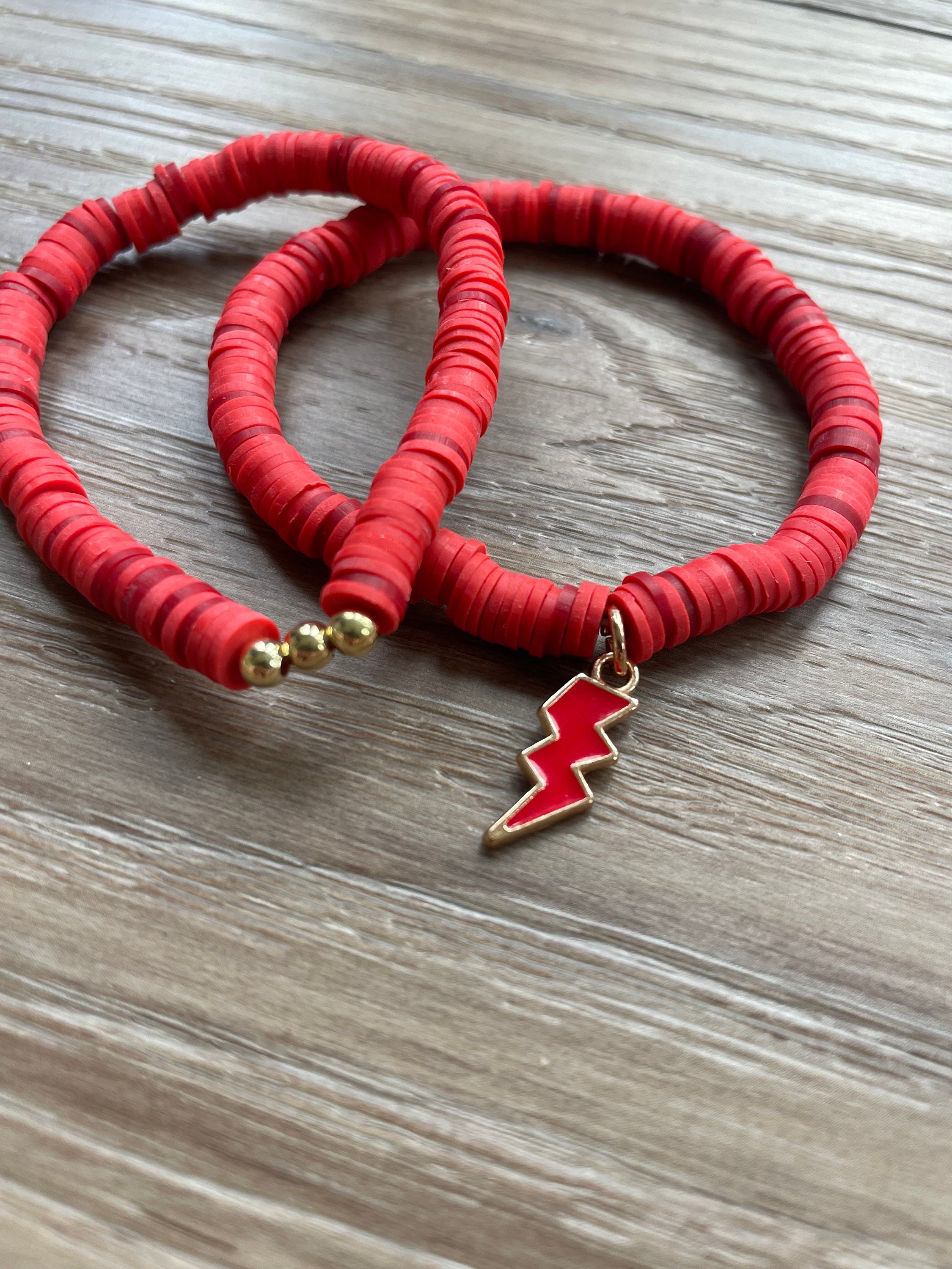Set of 2 - Clay Bead Brackets - Red & Gold Lightning Bolt Bracelets ...