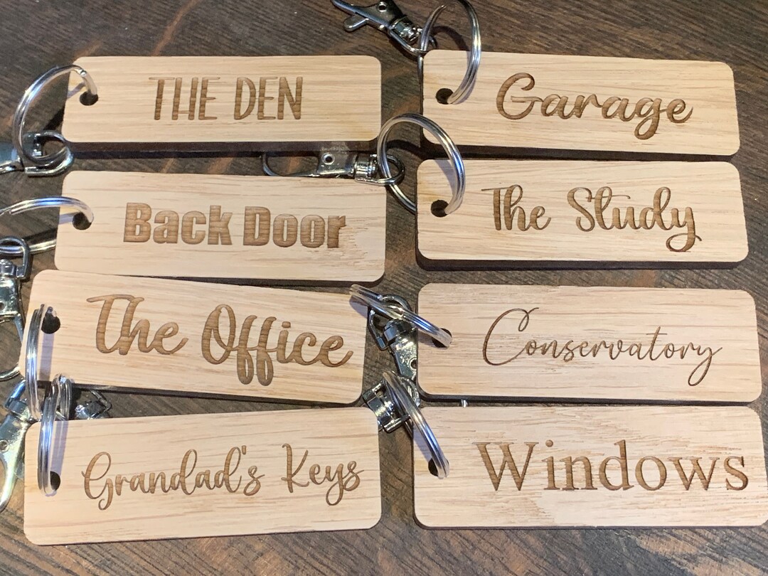 Personalised Wood Keyring, Oak, Custom Text, New Home, Engraved Keyring ...