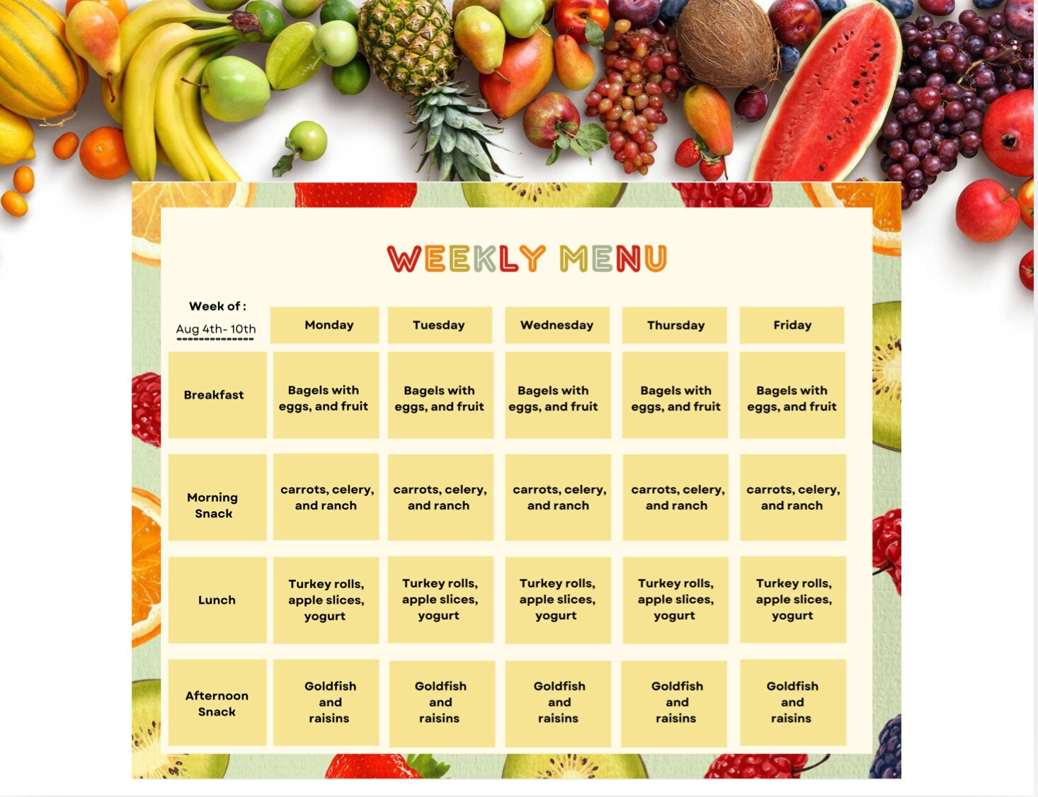 Daycare Weekly Menu Printable, Daycare Meal Menu, Editable Menu ...