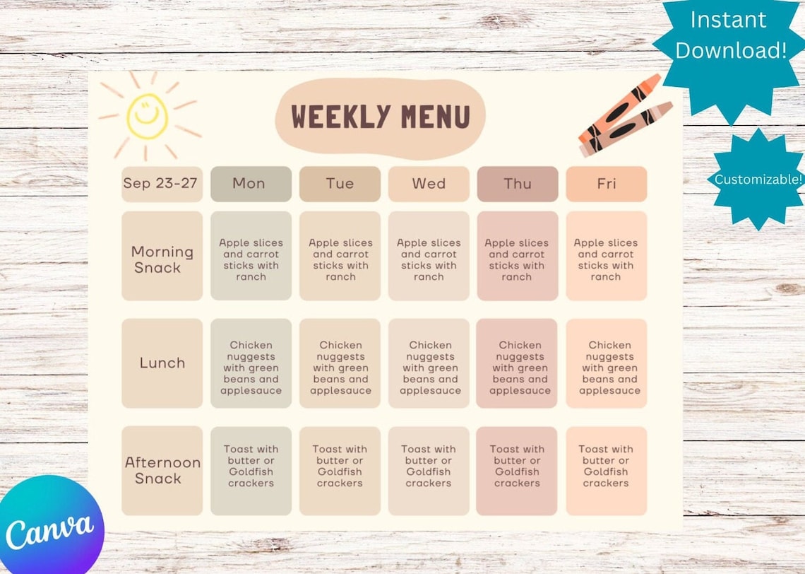 Daycare Weekly Menu Printable, Daycare Meal Menu, Editable Menu ...