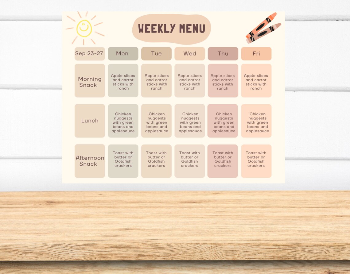 Daycare Weekly Menu Printable, Daycare Meal Menu, Editable Menu ...