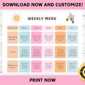 Weekly Menu, Daycare Weekly Menu, Customizable Menu, Daycare Forms ...