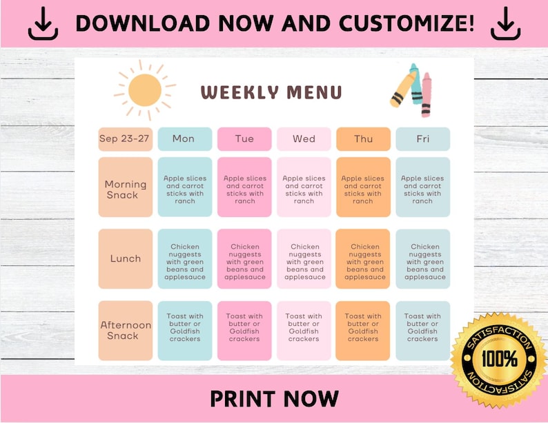 Weekly Menu, Daycare Weekly Menu, Customizable Menu, Daycare Forms ...