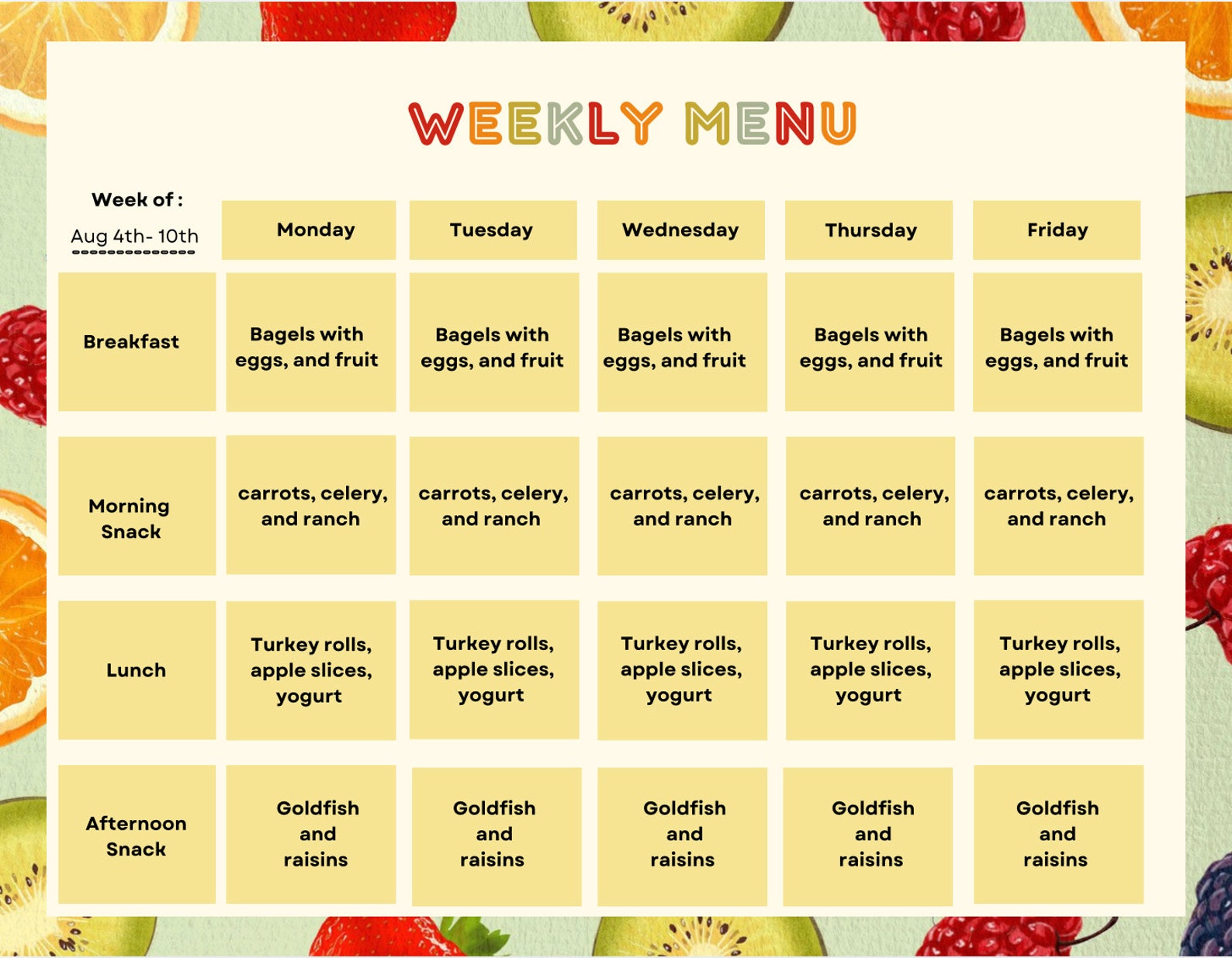 Daycare Weekly Menu Printable, Daycare Meal Menu, Editable Menu ...