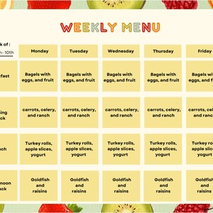 Daycare Weekly Menu Printable, Daycare Meal Menu, Editable Menu ...