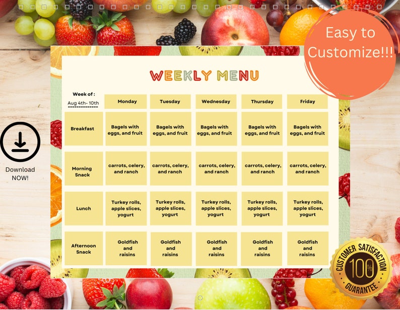Daycare Weekly Menu Printable, Daycare Meal Menu, Editable Menu ...
