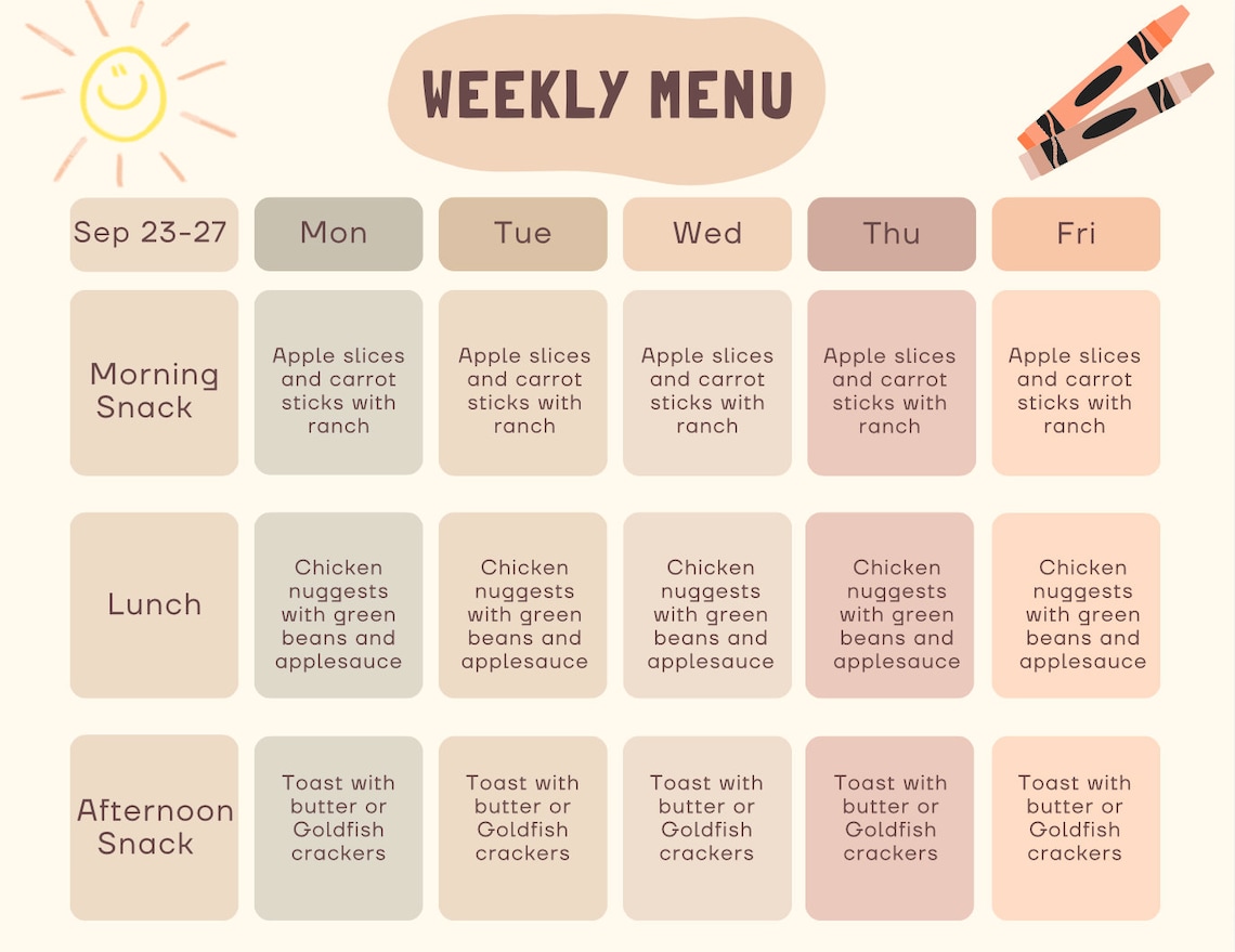 Daycare Weekly Menu Printable, Daycare Meal Menu, Editable Menu ...