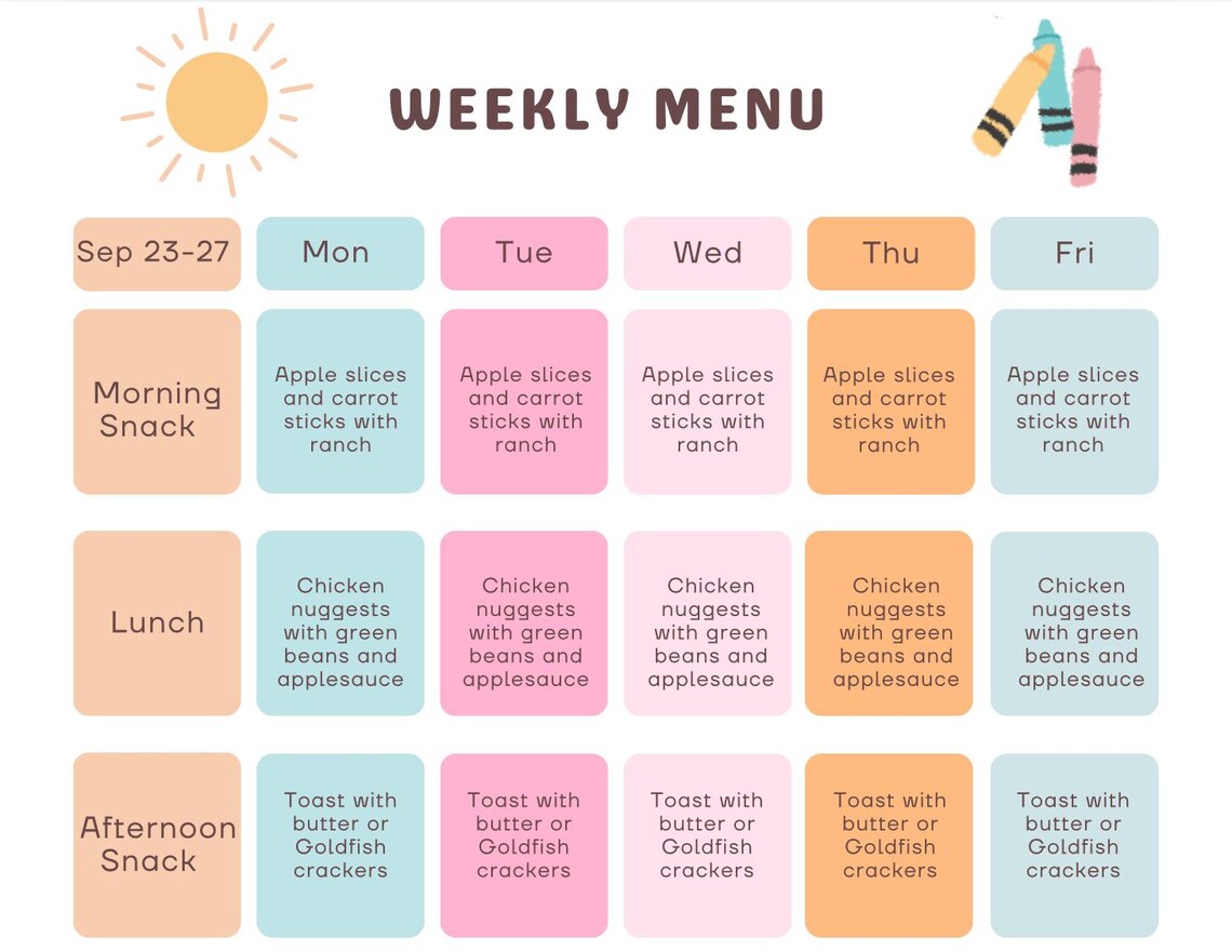 Weekly Menu, Daycare Weekly Menu, Customizable Menu, Daycare Forms ...