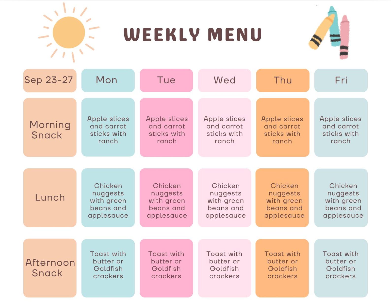 Weekly Menu, Daycare Weekly Menu, Customizable Menu, Daycare Forms ...