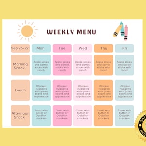 Weekly Menu, Daycare Weekly Menu, Customizable Menu, Daycare Forms ...